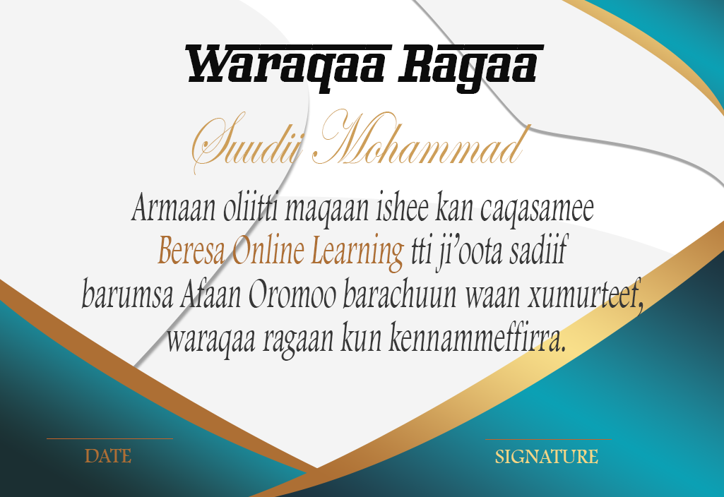 Suudii Mohammad Certificate - Yoosaad Online Learning Platform